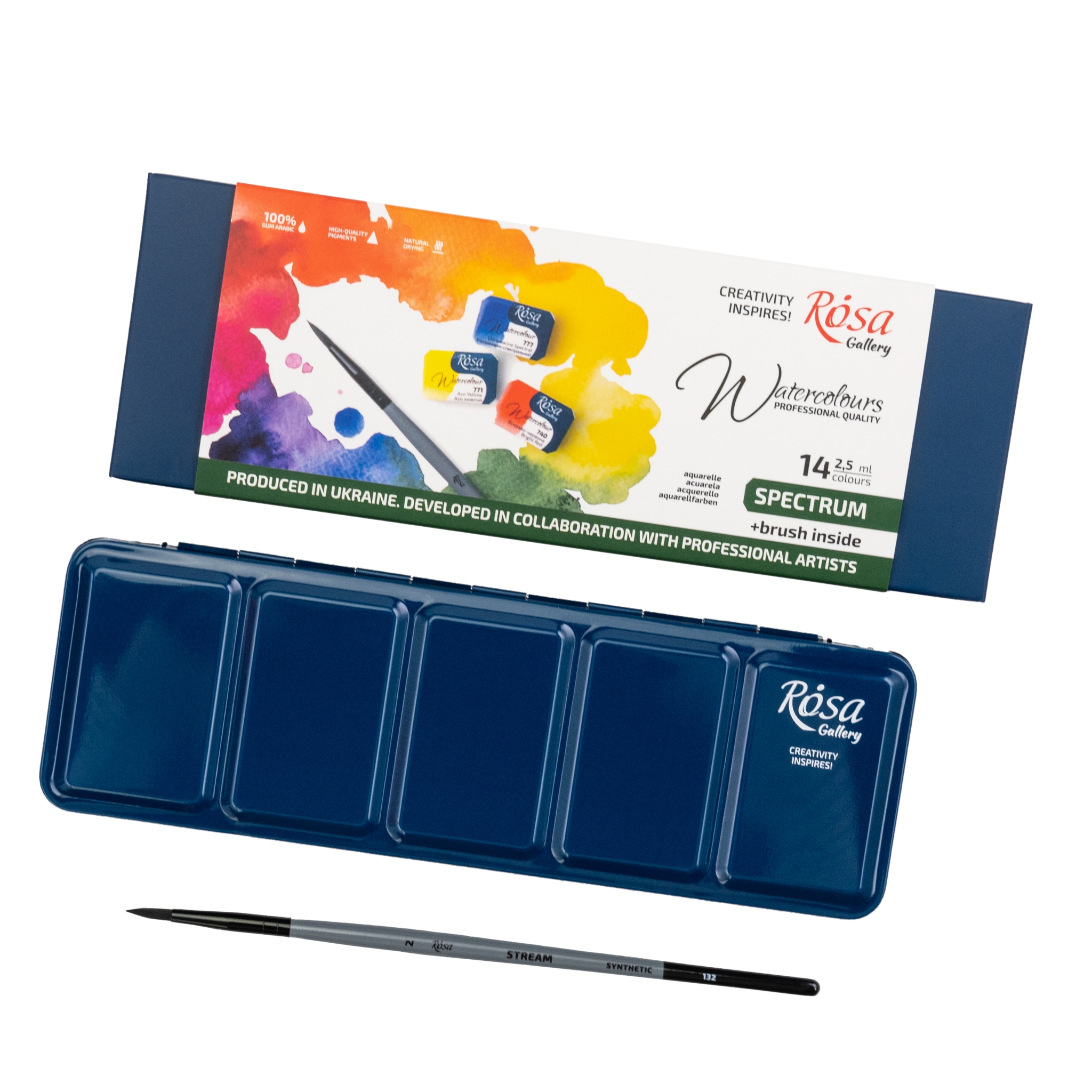 9235 Rosa Gallery ‘Spectrum’ 14 Assorted Watercolour Pans + Brush ...