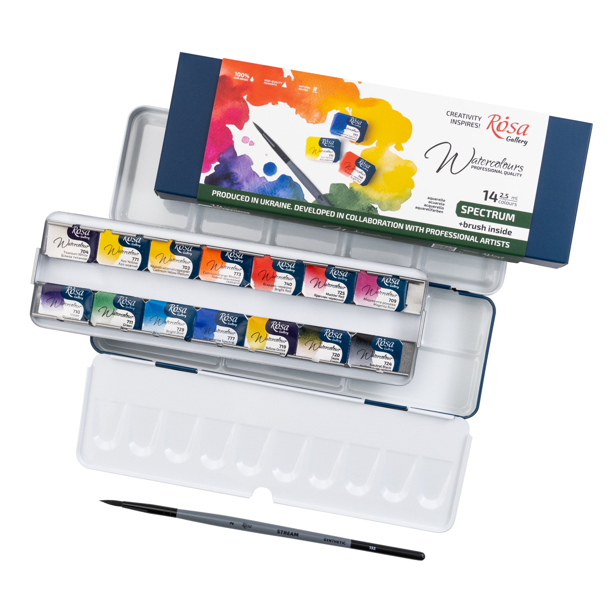 9235 Rosa Gallery ‘Spectrum’ 14 Assorted Watercolour Pans + Brush ...